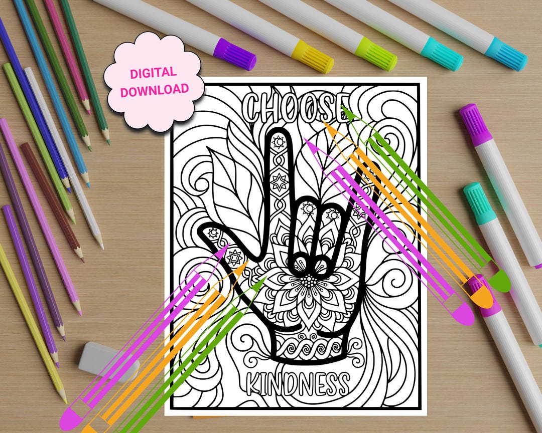 ASL "choose Kindness" Printable Coloring Page, Asl Activity Sheet for ...
