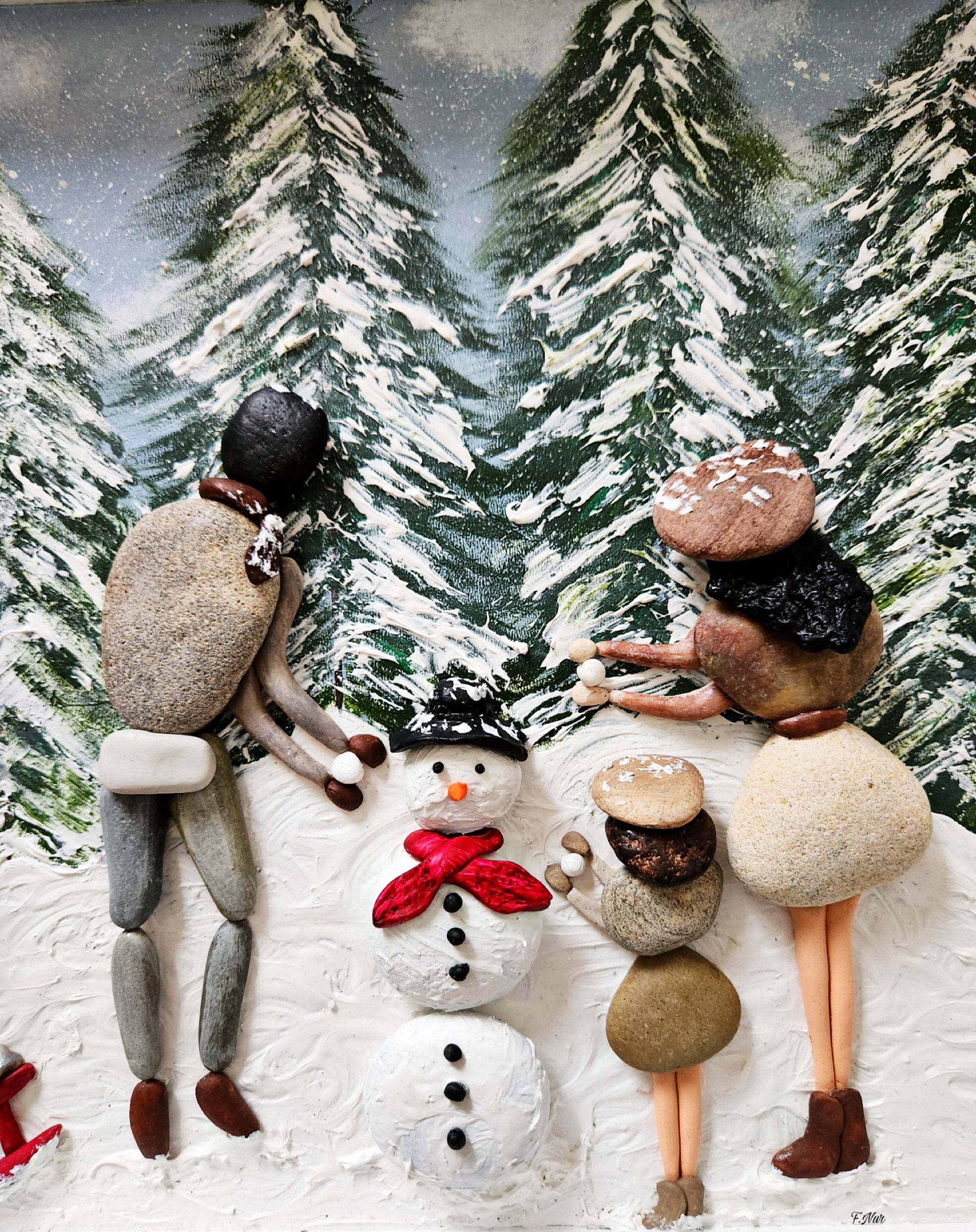 Stone Art, Personalized Family Portrait, Snowman Art, Pebble Stone Art ...