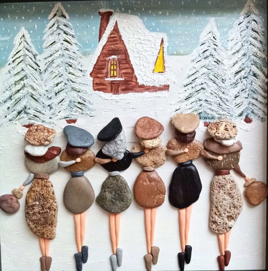 Snowy Cabin in the Woods, Friends Pebble Art, Handmade Painting, Winter ...