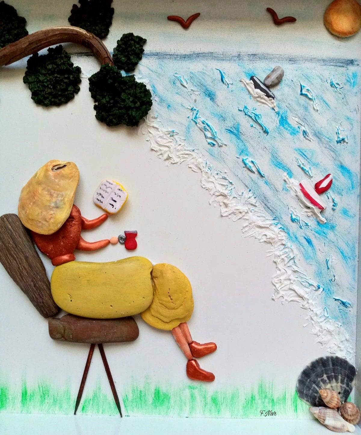 Handmade Pebble Art Woman Sitting by the Seashore - Etsy