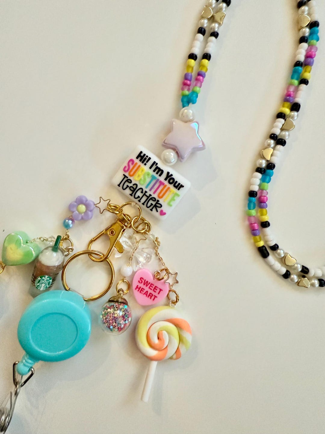 Substitute Teacher Lanyard | Cute Beaded ID Badge Holder With Charms ...