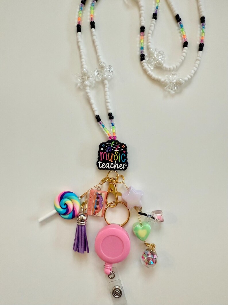 Music Teacher Lanyard Badge Reel | Colorful Beaded Retractable ID ...