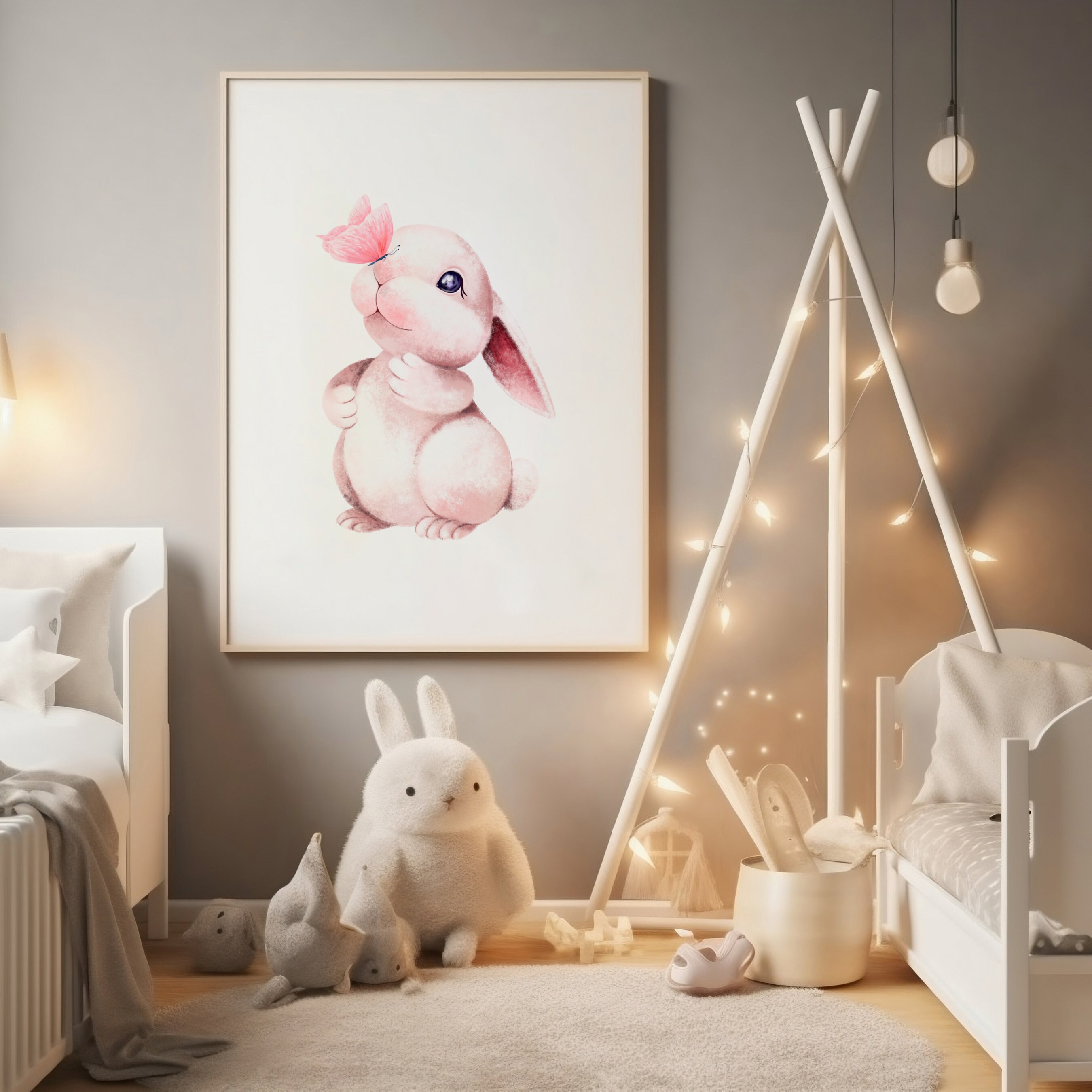 Cute Bunny Print, Bunny Prints, Butterfly Print, Nursey Decor, Spring ...