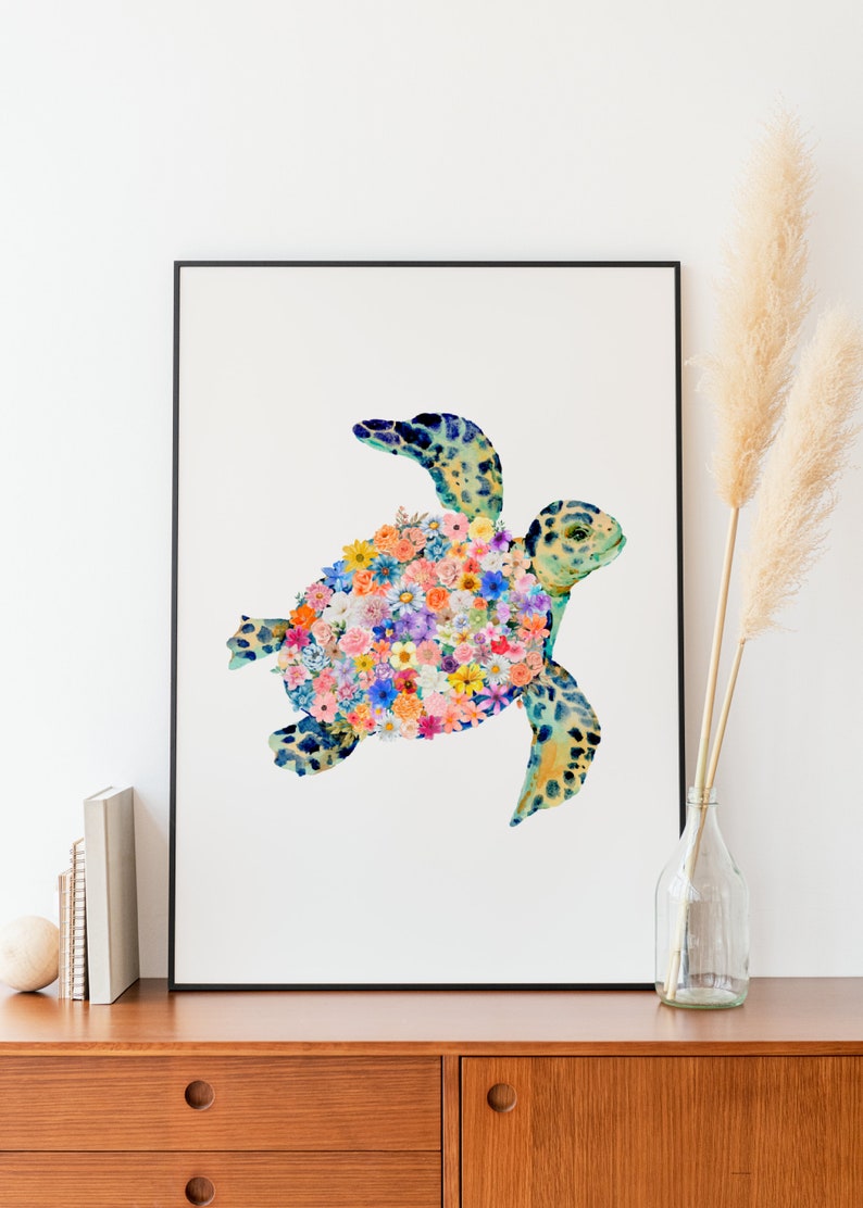Turtle Print, Sea Turtle Decor, Watercolor Flowers, Sea Turtle ...
