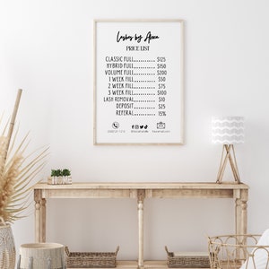 Lash Price List Editable Template, Beauty Room Decor, Lash Tech Decor ...