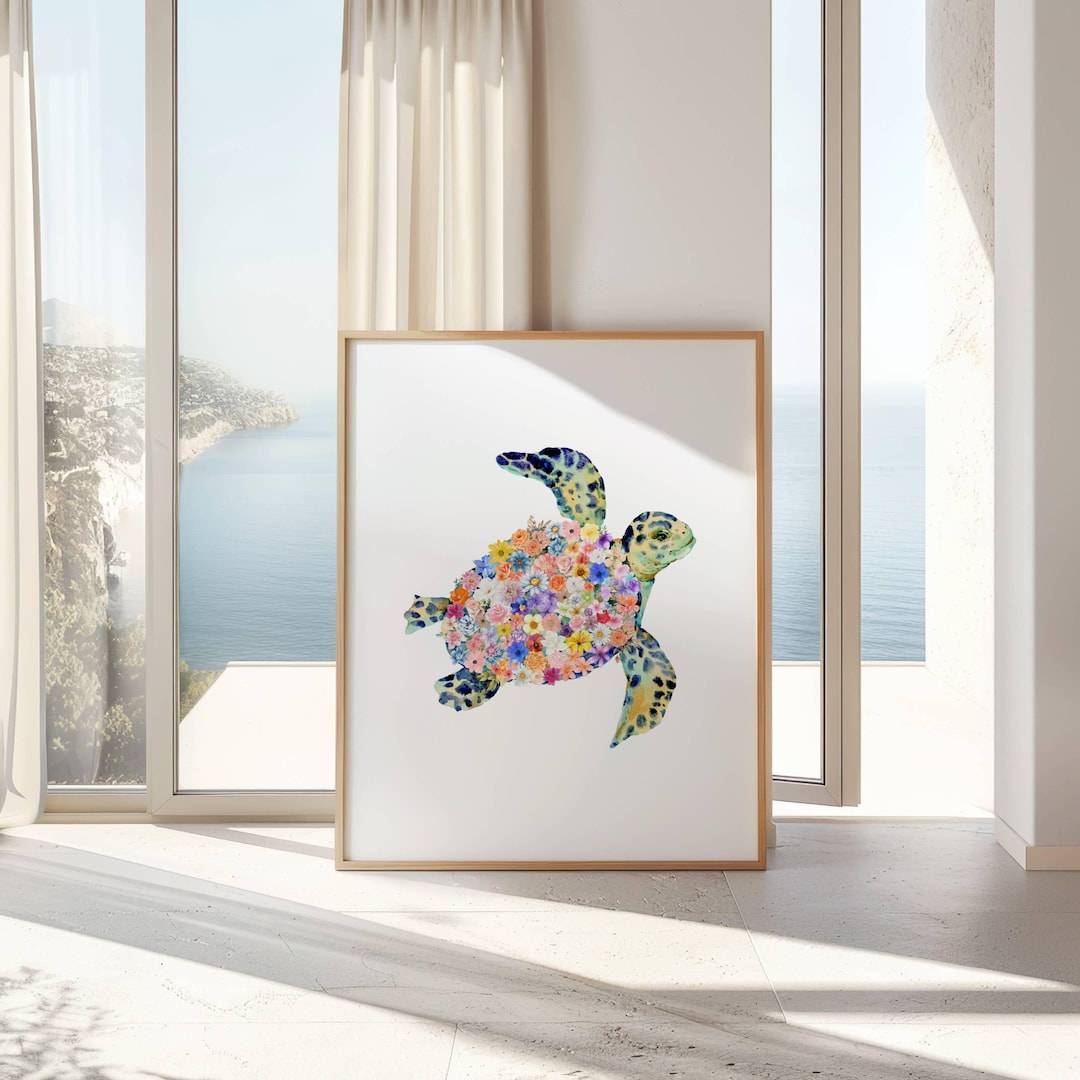 Turtle Print, Sea Turtle Decor, Watercolor Flowers, Sea Turtle ...