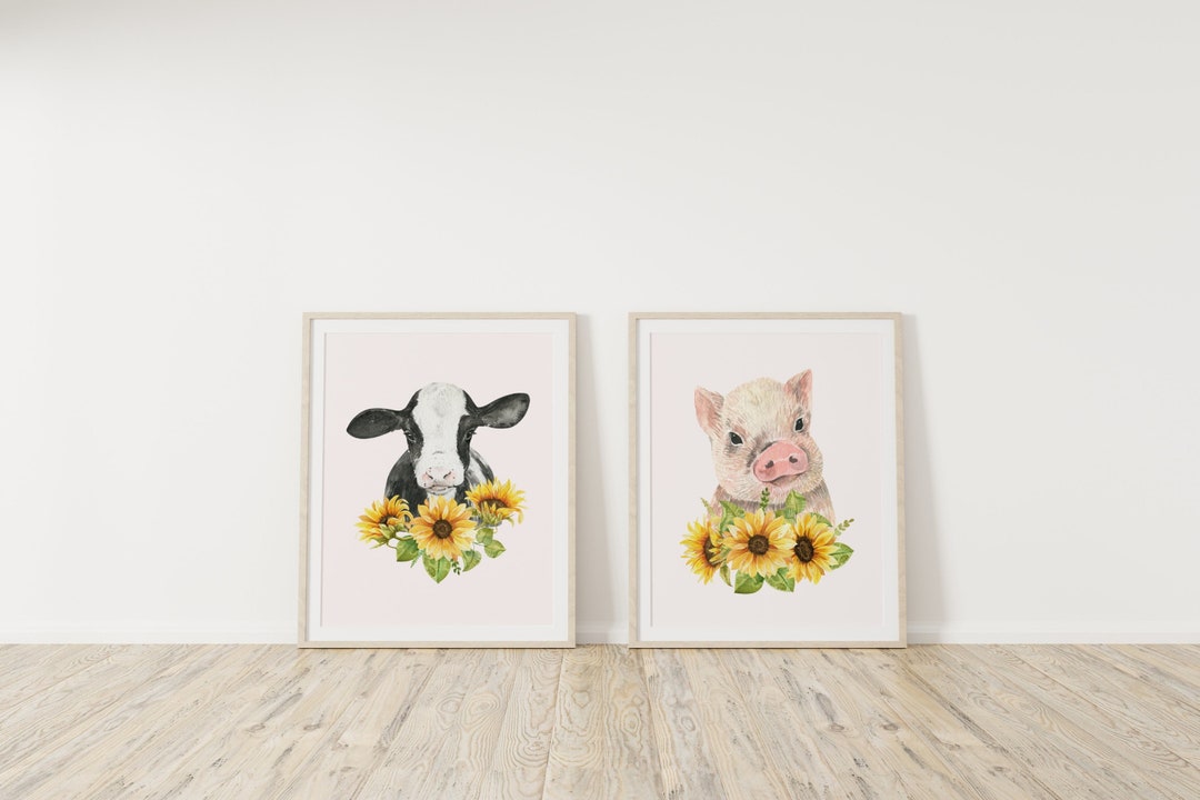 Cow and Pig Print, Farmhouse Decor, Set of 2 Prints, Spring Flowers ...