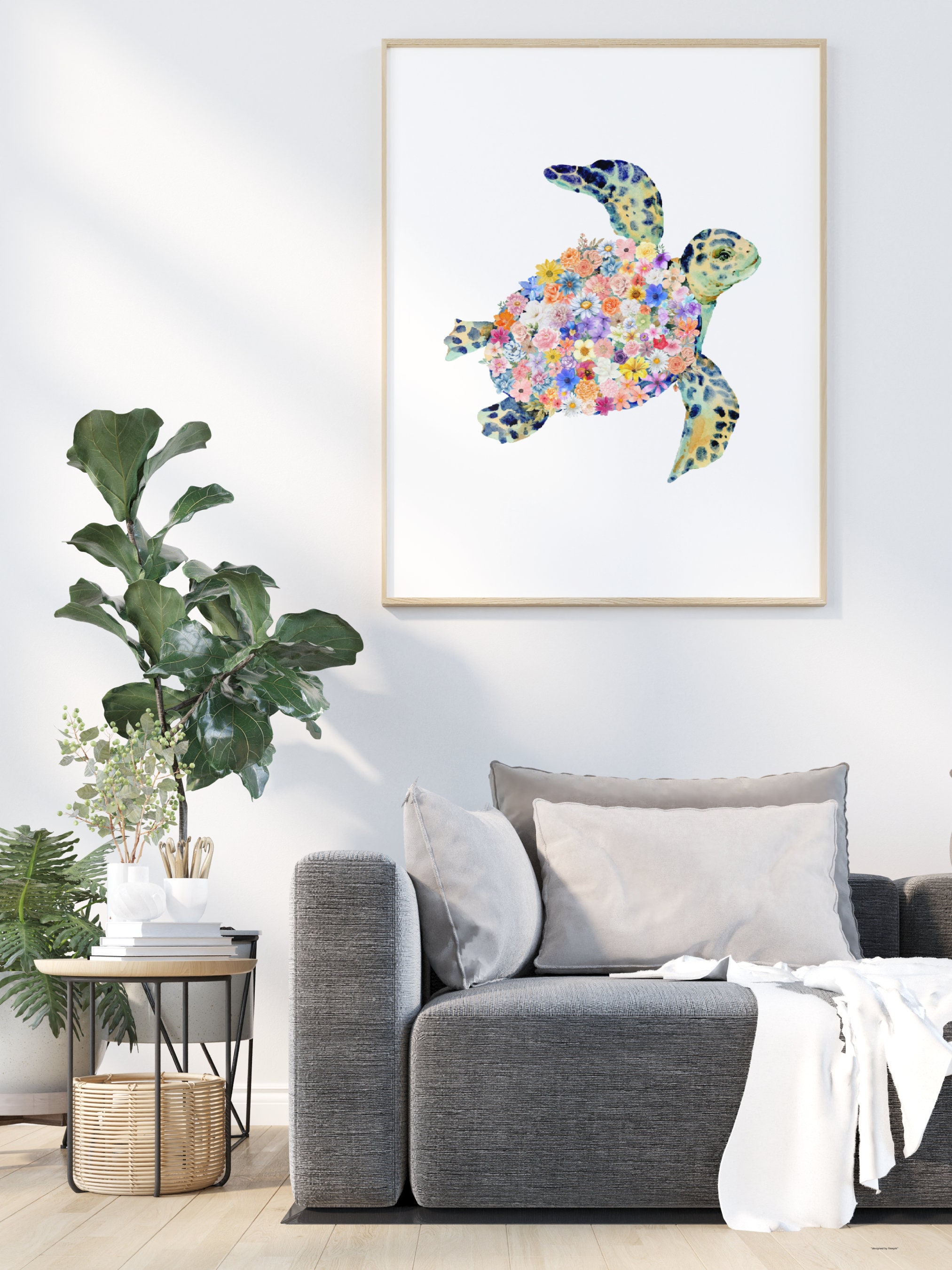 Turtle Print, Sea Turtle Decor, Watercolor Flowers, Sea Turtle ...
