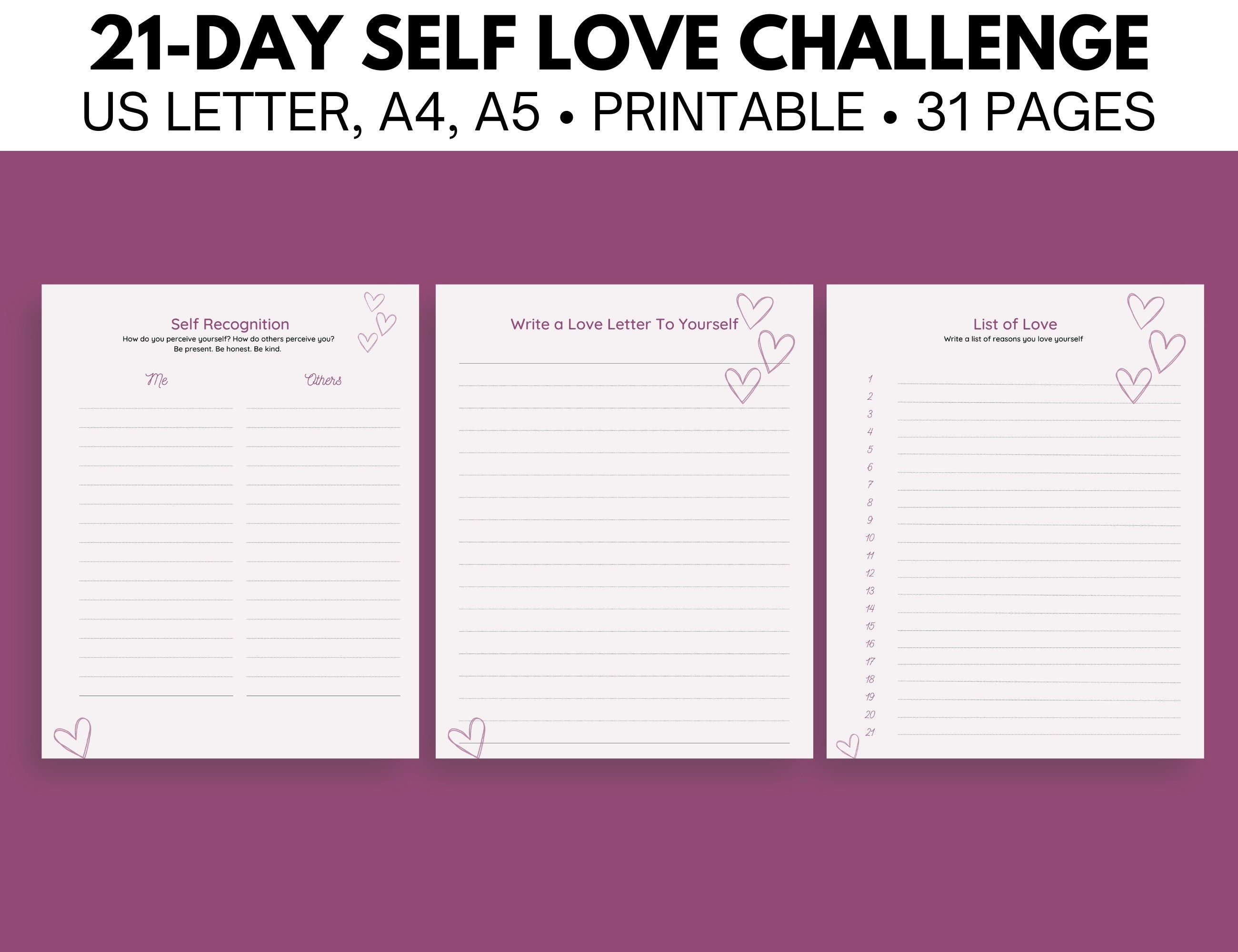 21-day Self Love Challenge, Self Care, Journal Prompts - Etsy
