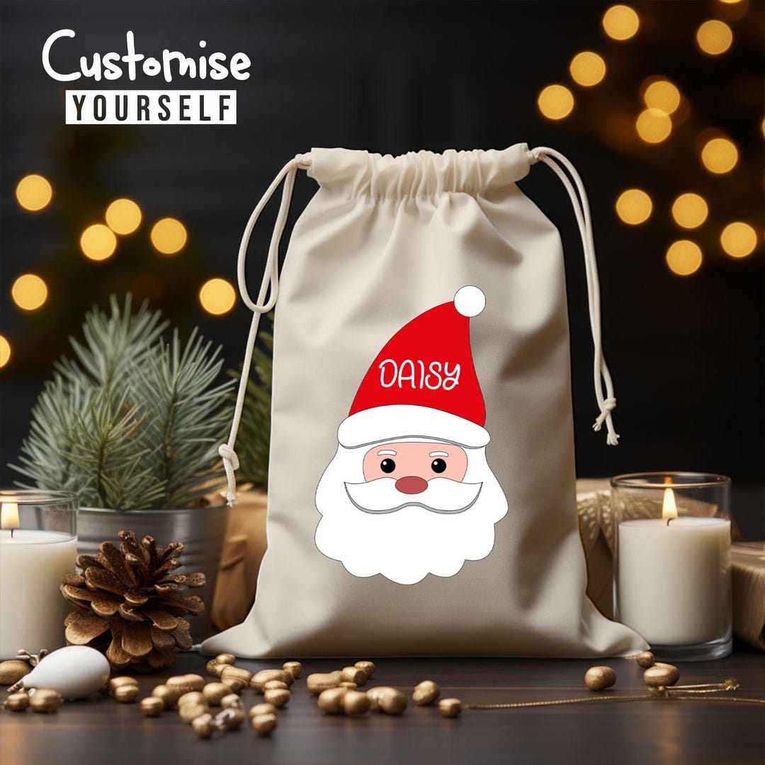 Personalised Christmas Santa Sack, Cute Santa Face Xmas Printed Sack ...