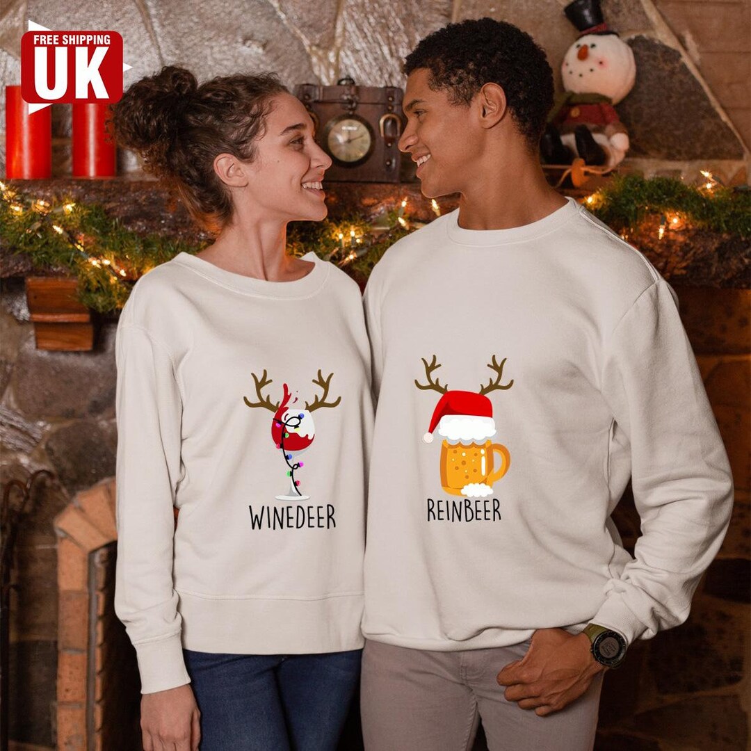 Funny Christmas Couple Matching Jumpers, Winedeer Reinbeer Christmas ...