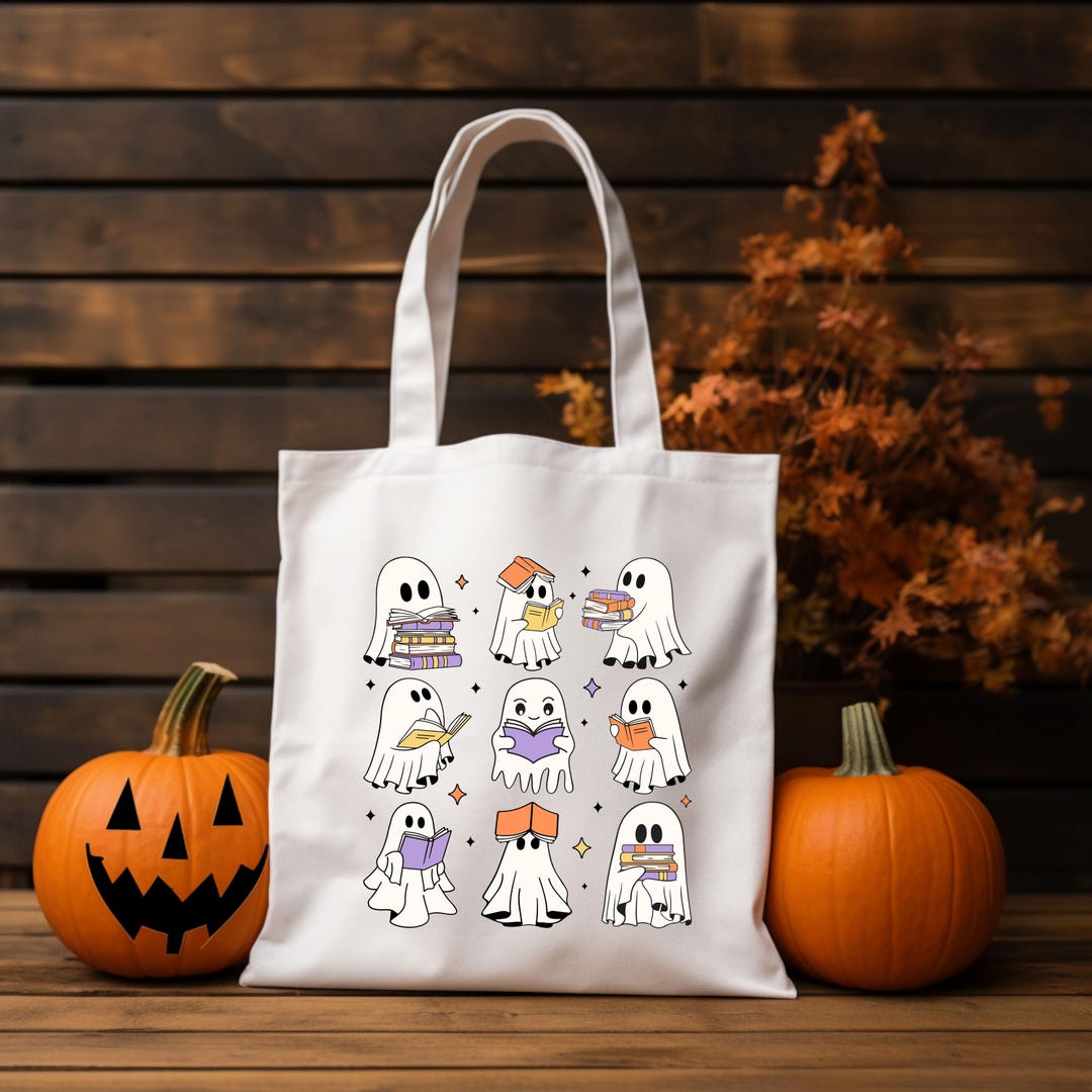 Ghosts Tote Bags, Cute Halloween Ghost Reading Books Printed Tote Bags ...