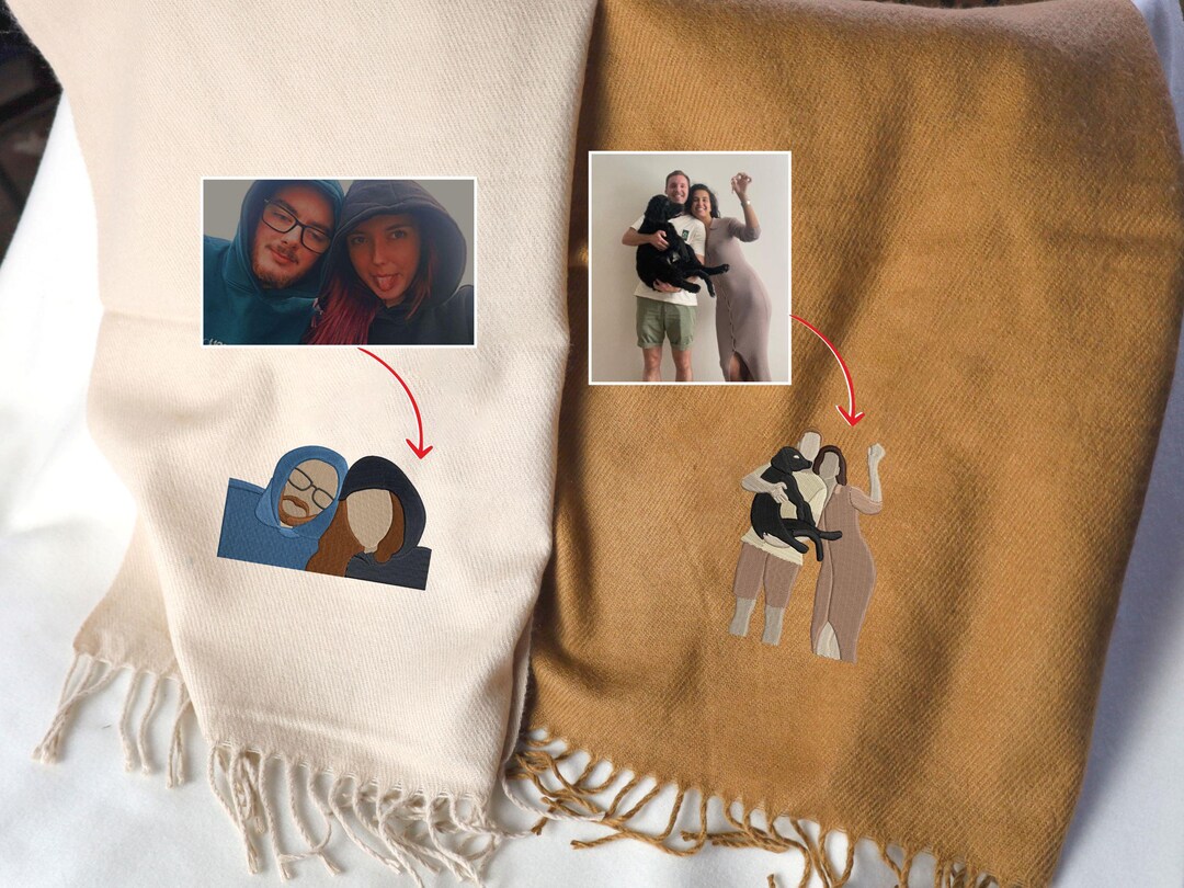 Personalised Photo Embroidered Scarf, Custom Faceless Sketch Portrait ...