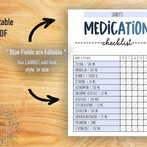 Medication Checklist, Editable Pdf, Instant Download, Caregiver Planner ...