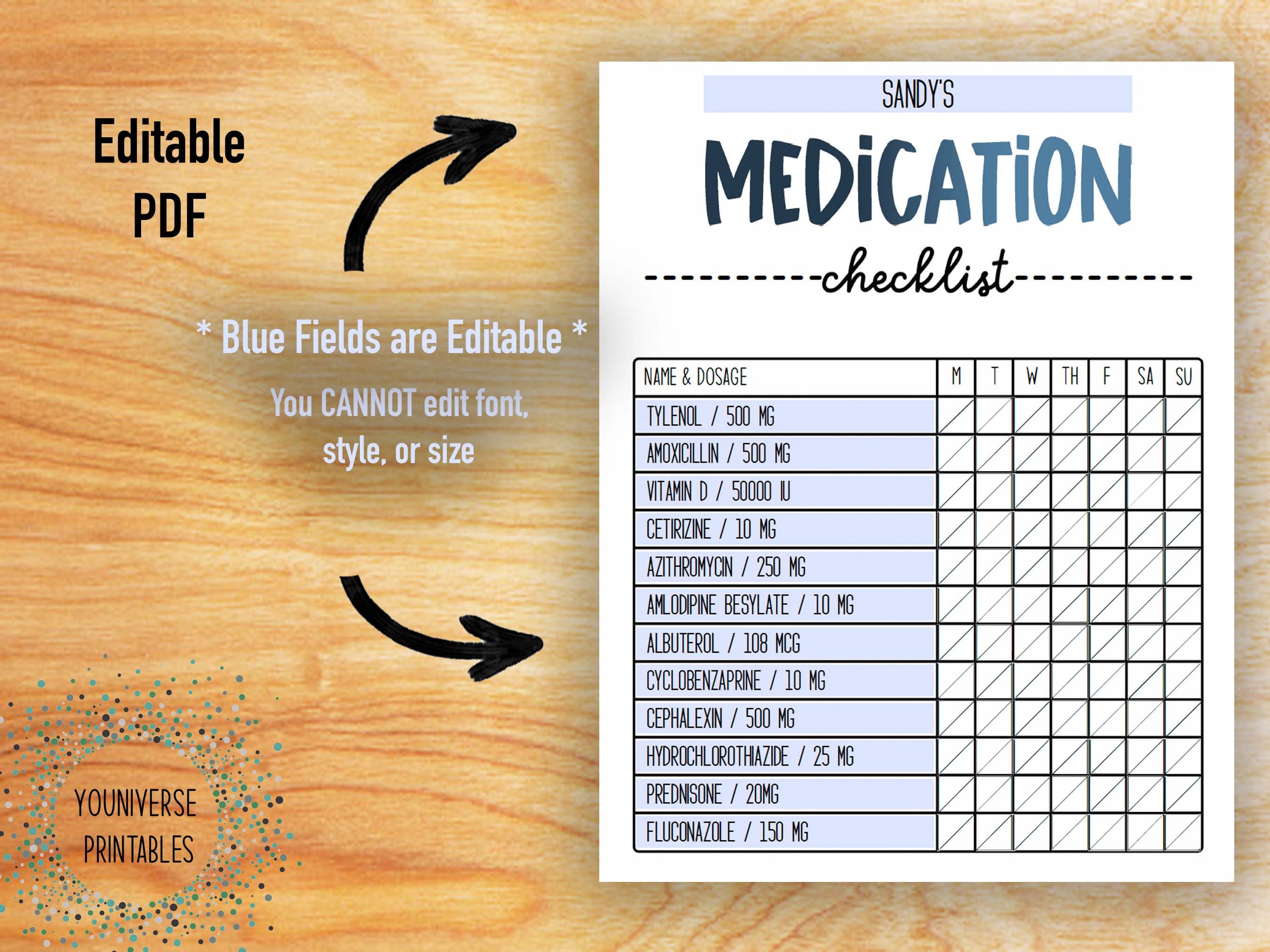 Medication Checklist, Editable Pdf, Instant Download, Caregiver Planner ...
