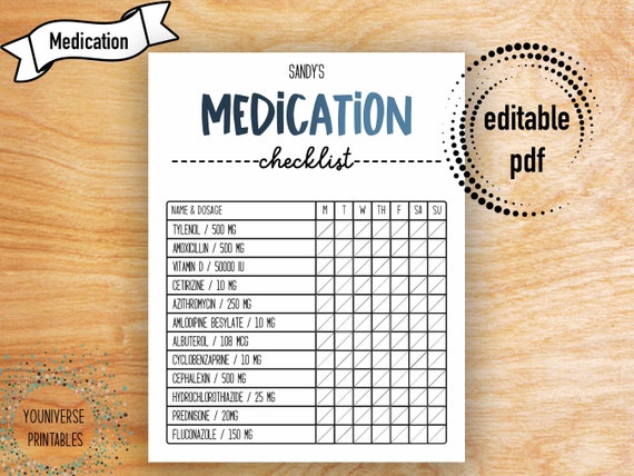 Medication Checklist Editable Pdf Instant Download - Etsy