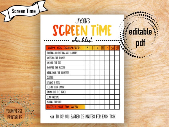 Screen Time Checklist Editable Pdf Summer Checklist Kids - Etsy