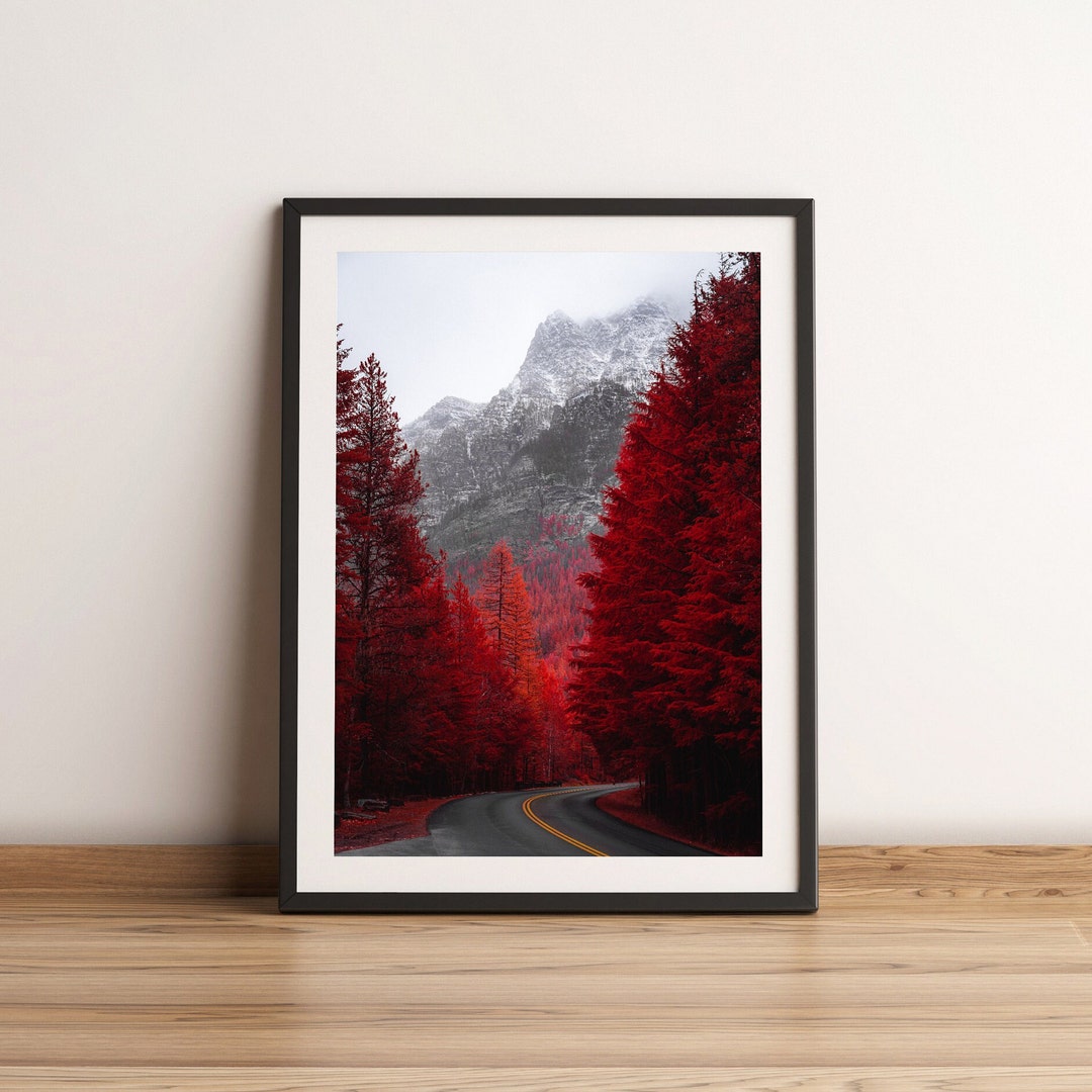 Red Forest Road Print, Snowy Mountain Wall Art, Dark Moody Landscape ...