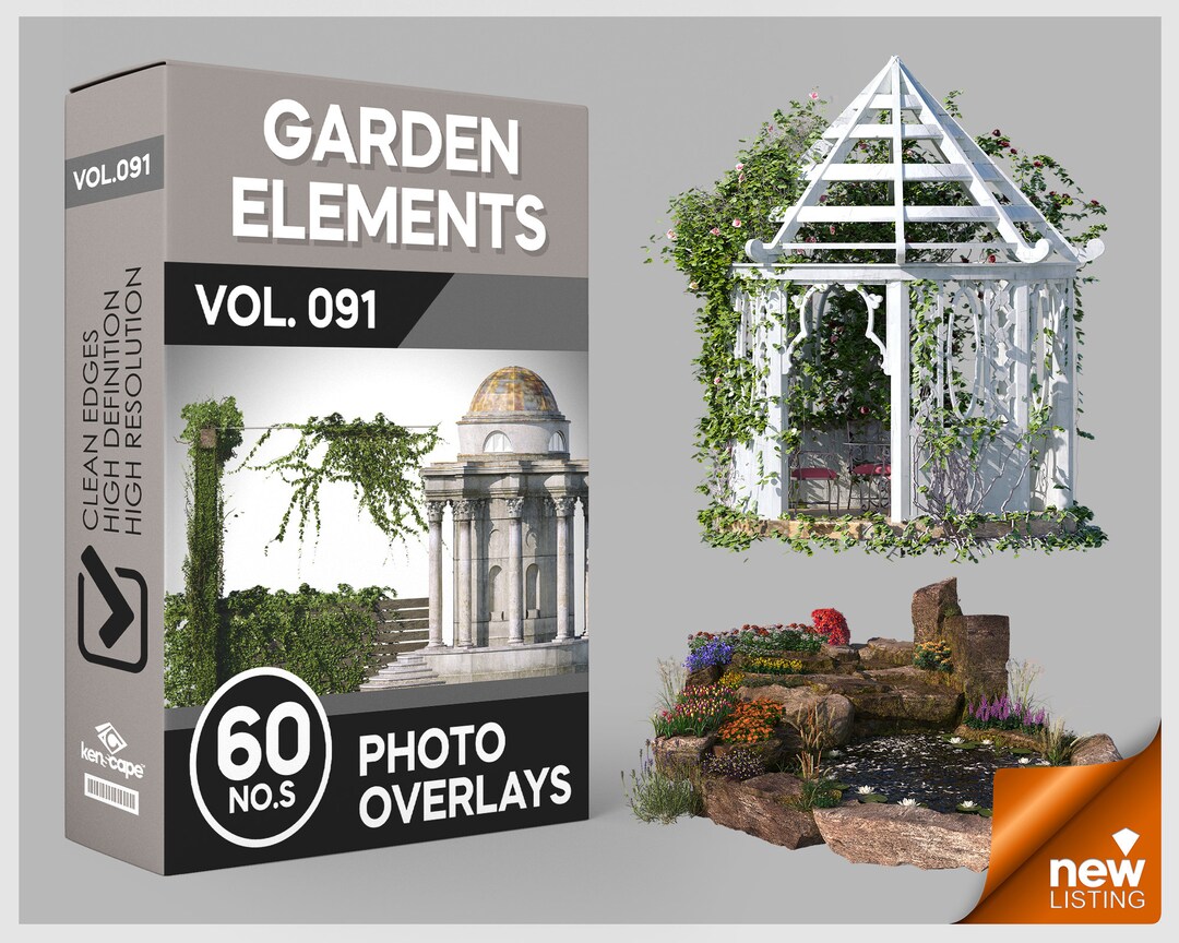 60 Garden Element Overlays, Garden Sculptures, Ornamental Shrubs, Water ...