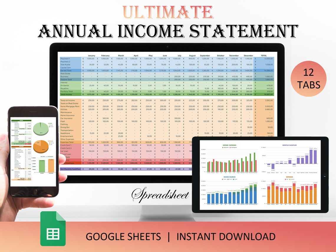 Annual Income Statement Spreadsheet | Budget Template | Financial ...
