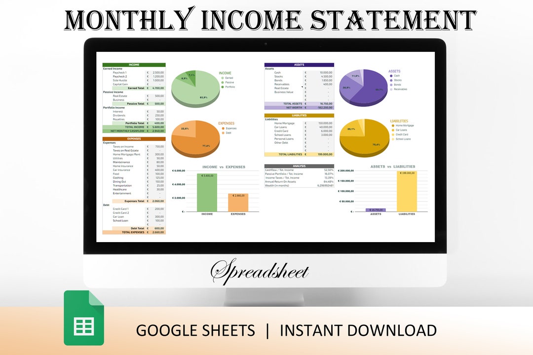 Monthly Income Statement Spreadsheet | Budget Template | Financial ...