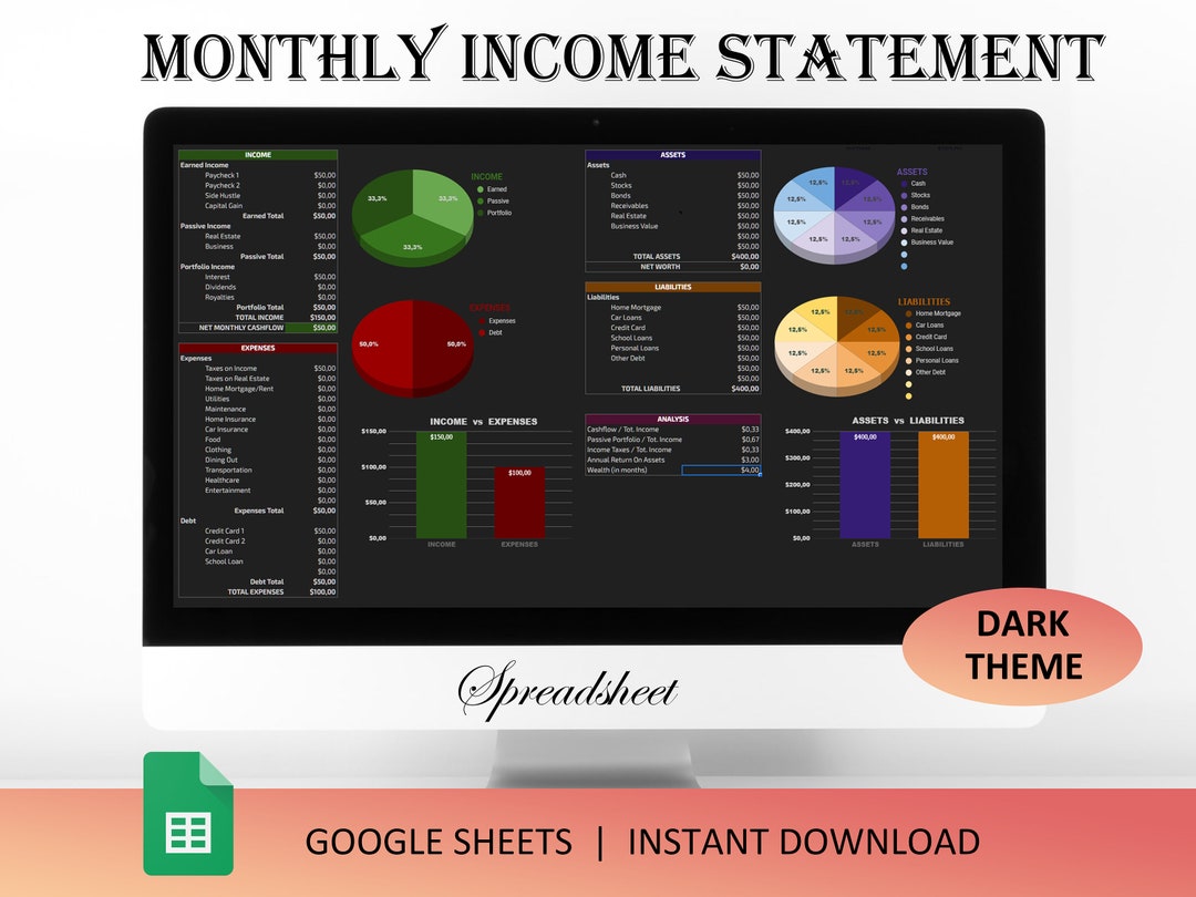 Monthly Income Statement Spreadsheet Dark | Budget Template | Financial ...