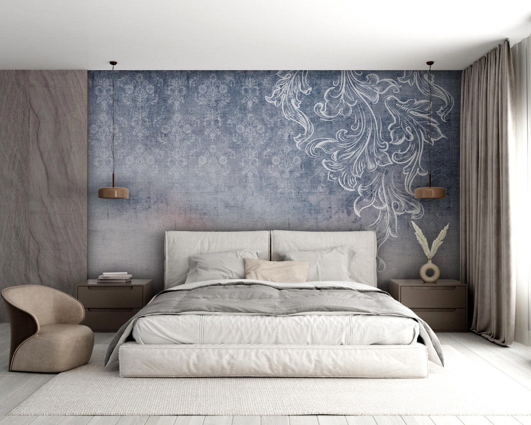 Navy Blue Floral Wall Mural, Peel and Stick Wallpaper, Carta Da Parati, Design Fototapeten ...