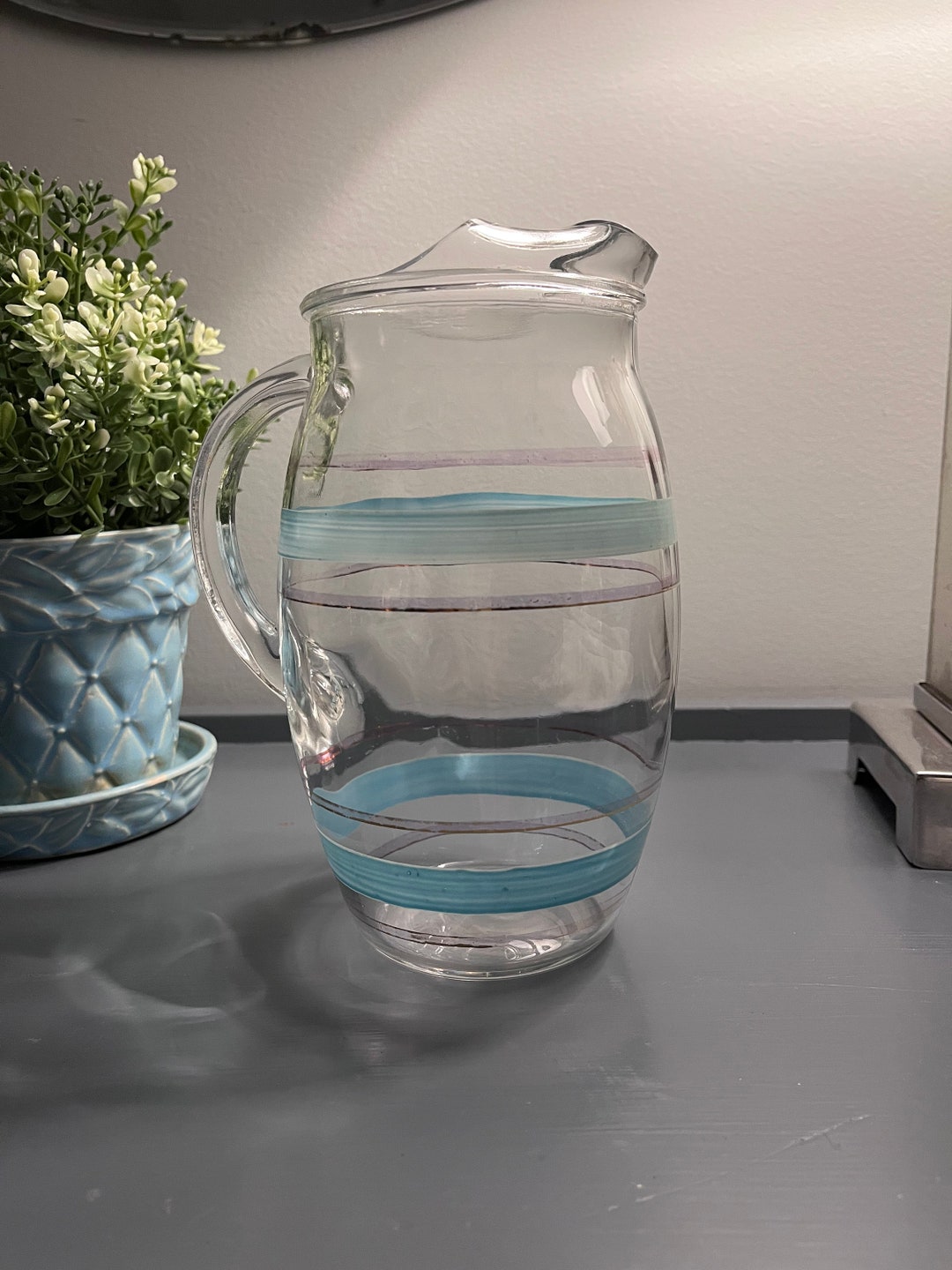 Mid Century Orbit Stripe Glass Pitcher Clear/blue/gold Juice/milk ...