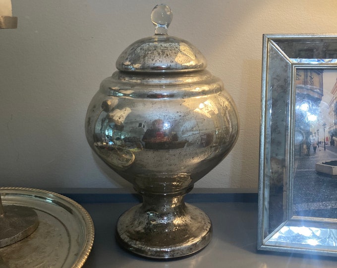Mercury Glass Large Apothecary Jar With Lid Clear Nob Pedestal Etsy