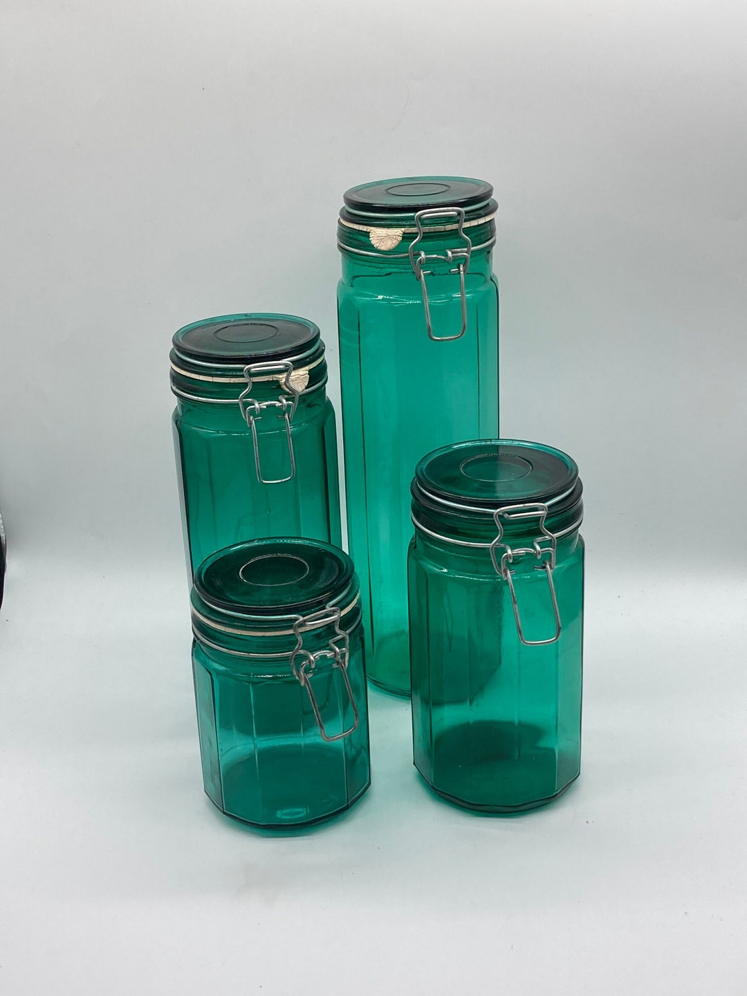Emerald Green Vintage Kitchen Canisters Glass Storage Jars 4 Pieces ...