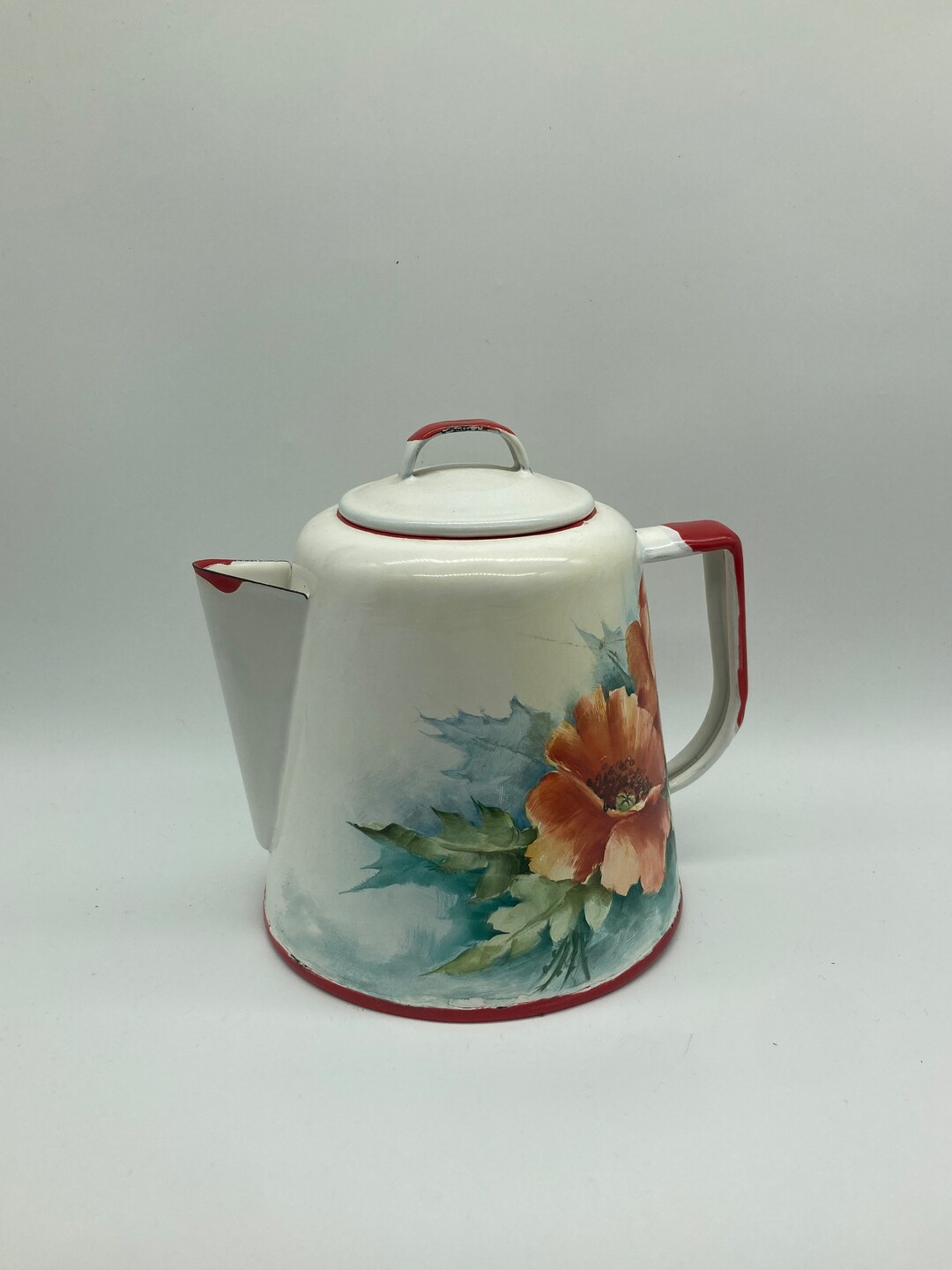 French Enamel Coffee Pot Hand Painted Vintage Circa 1940s White Poppies ...