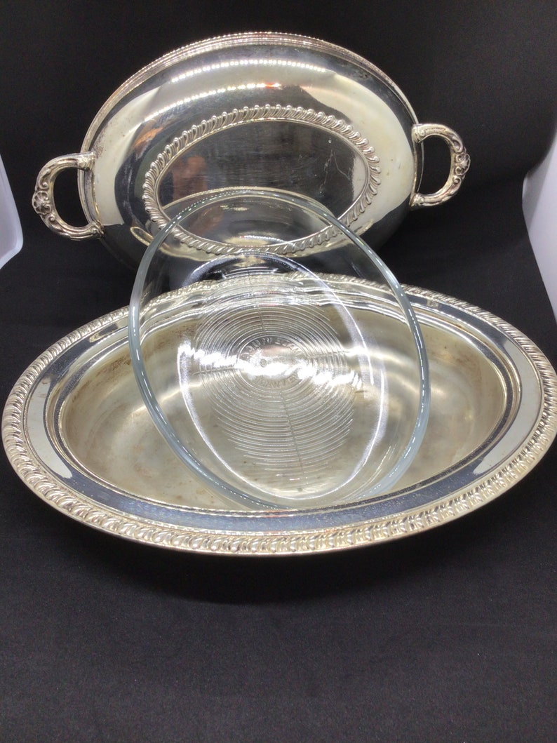 Silver Plate Oval Covered Elegant Casserole Glass Insert Dish 3 Pc ...