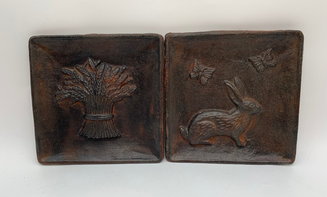 Set of 2 Primitif Folk Art Wrought Iron Wall Bas Relief Plaques Rabbit ...