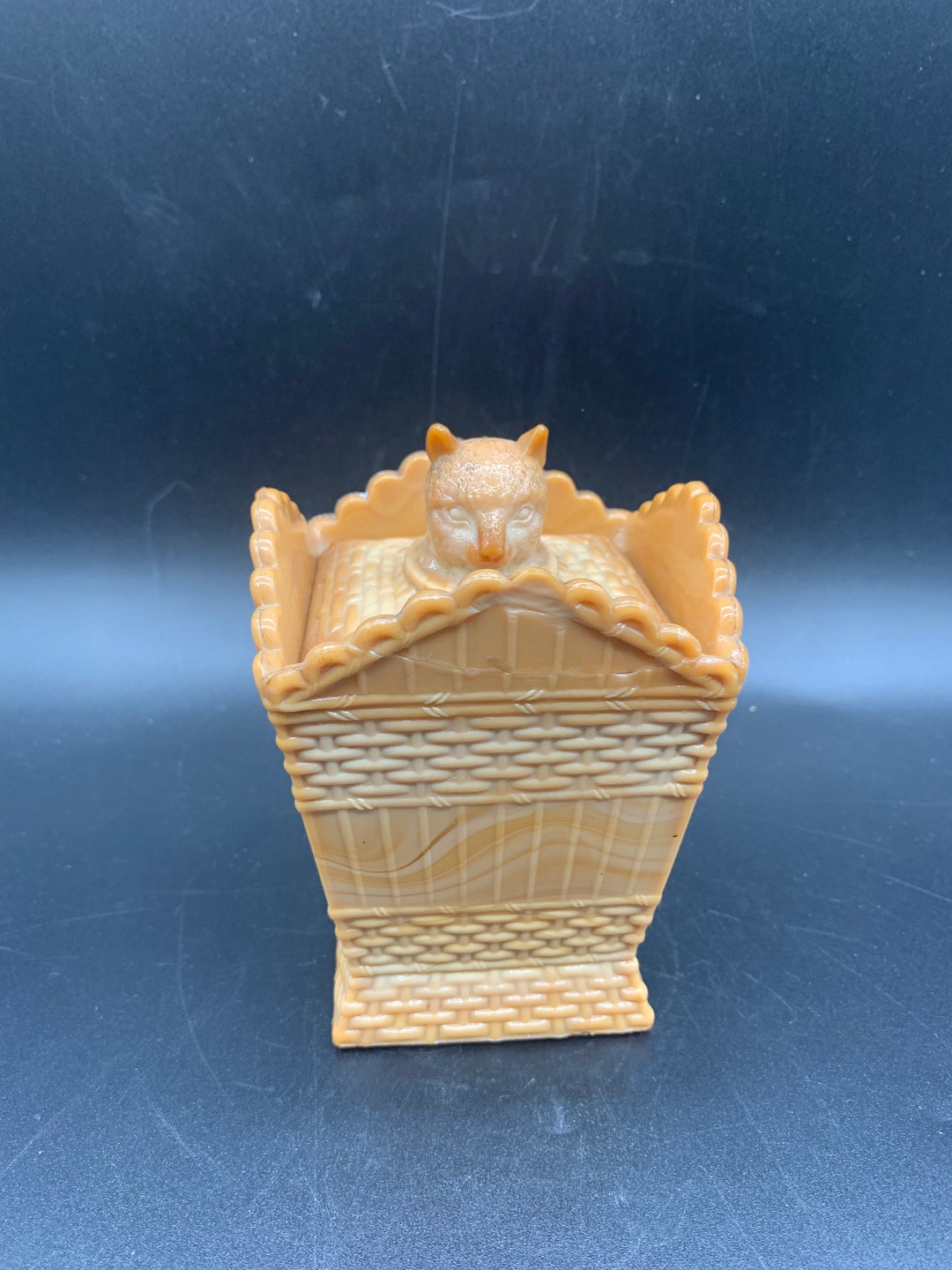 GREENTOWN Chocolate Slag Glass Cat on Hamper 1901-1903 Flat Lid - Etsy