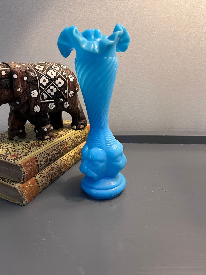 Vallerysthal French Blue Opaline Glass Lion Face Bud Vase Ruffle Neck - Etsy