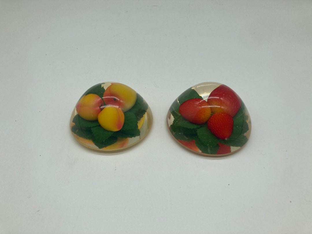 Pair Lucite Domed Paperweights Strawberry Peach on Leaves - Etsy