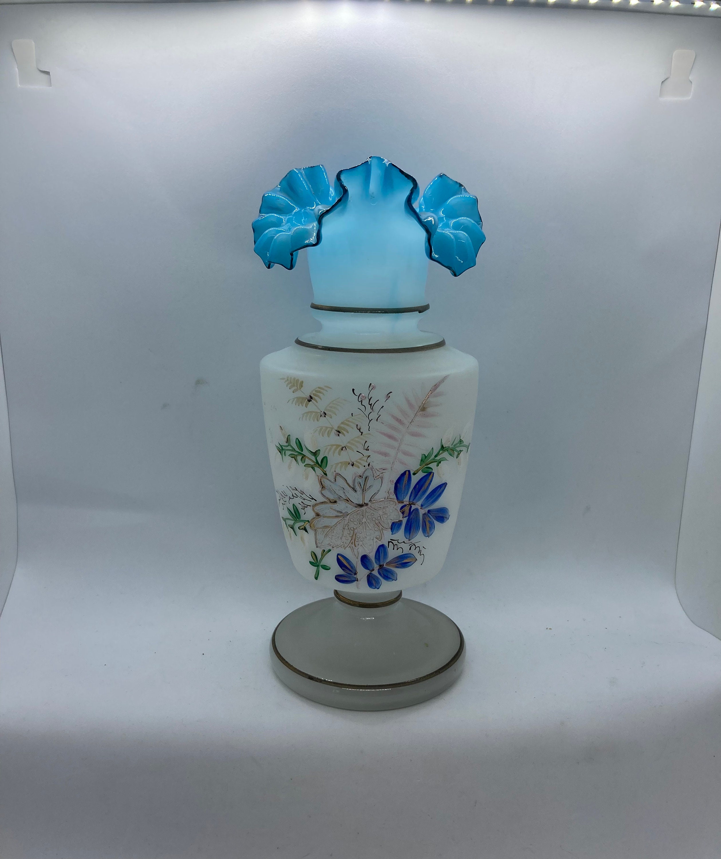 Antique Satin Blown Glass Vase Ruffled Neck Hand Painted - Etsy