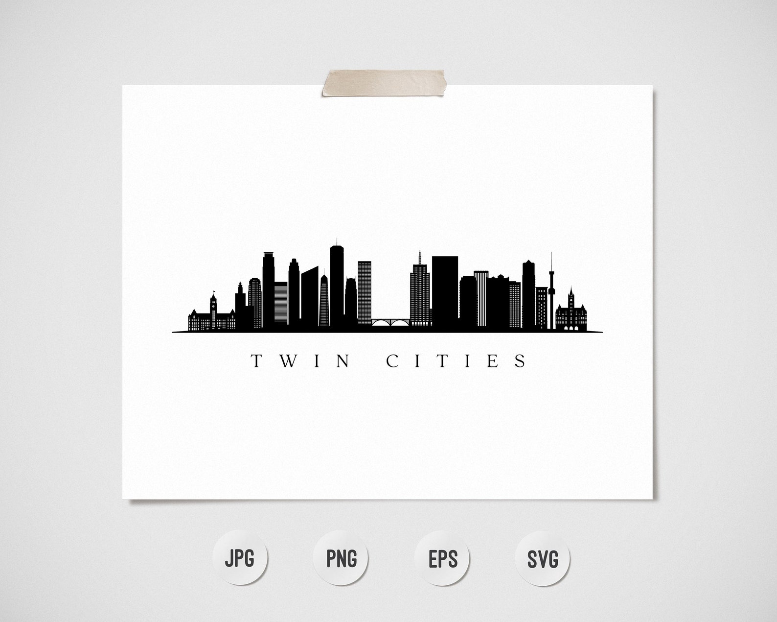 Twin Cities Skyline Print. Twin Cities MN Black Silhouette. Digital ...