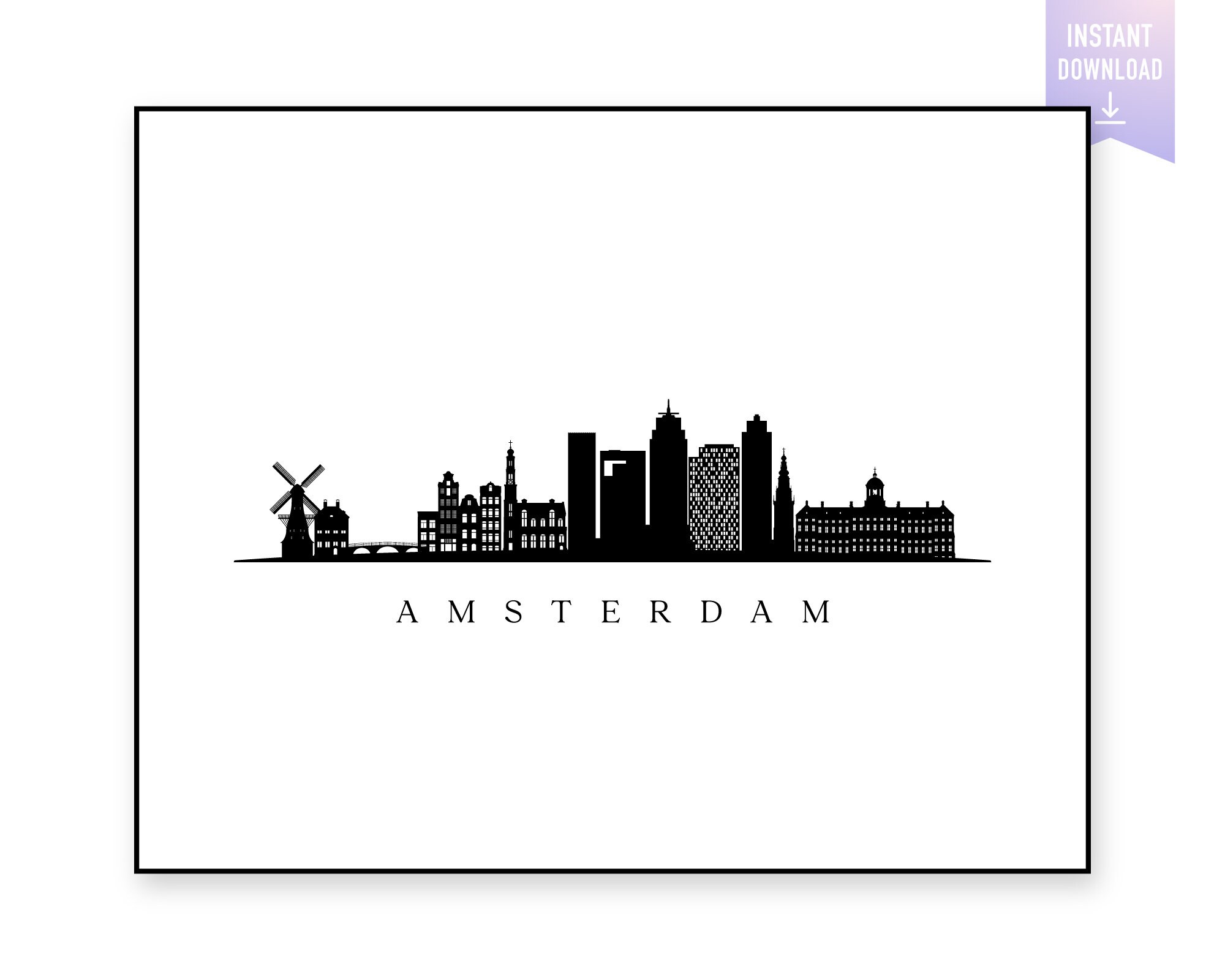 Amsterdam Skyline Print. Amsterdam Black Silhouette. Digital Print ...