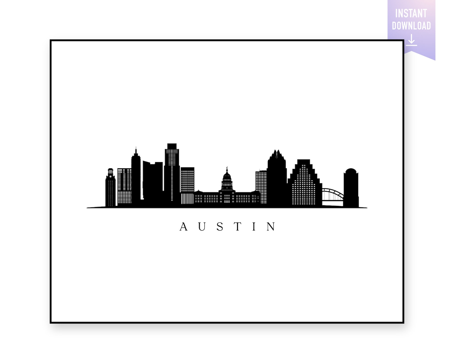 Austin Skyline Print. Austin Texas Black Silhouette. Digital Print ...