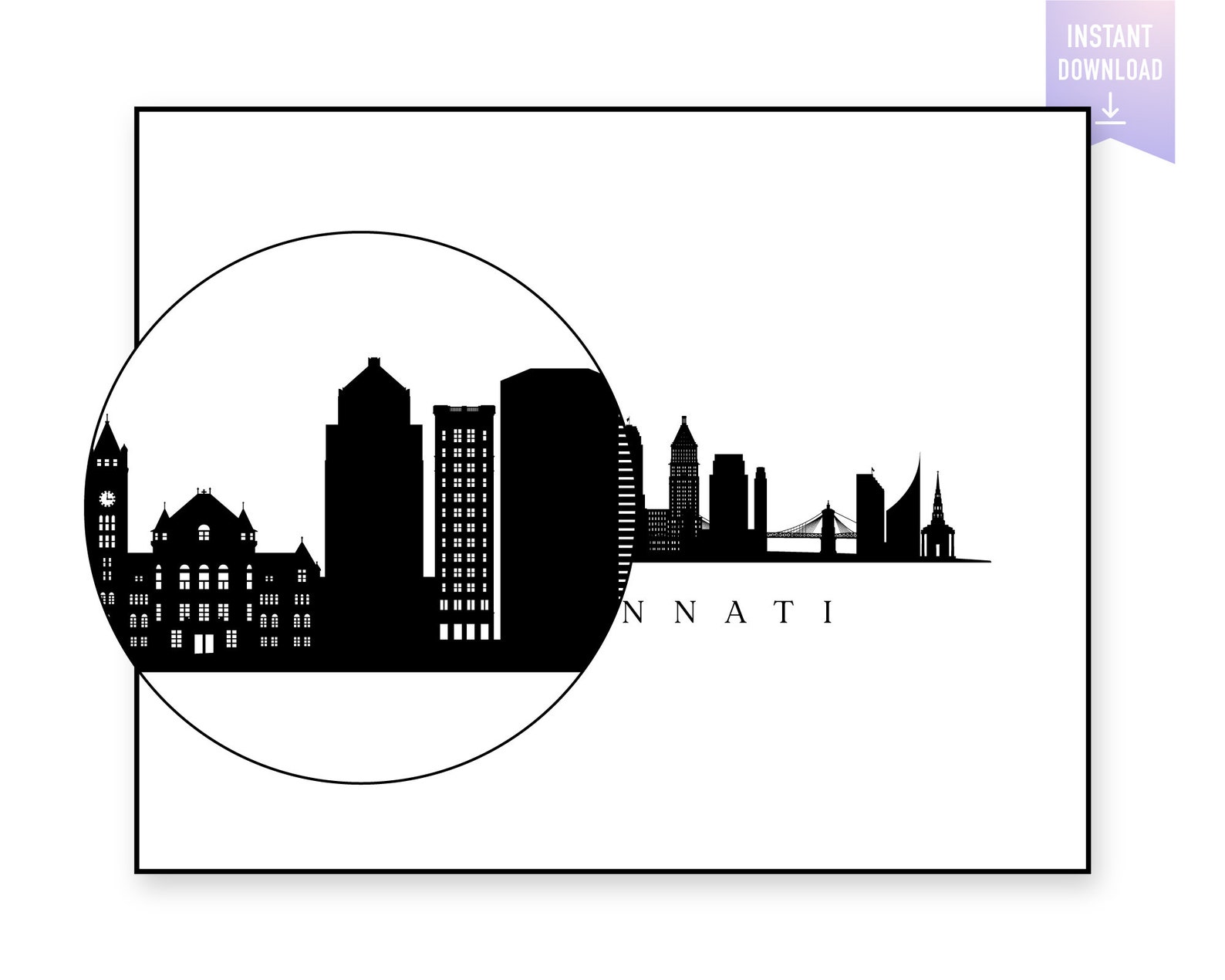Cincinnati Skyline Print. Cincinnati Ohio Black Silhouette. Digital ...
