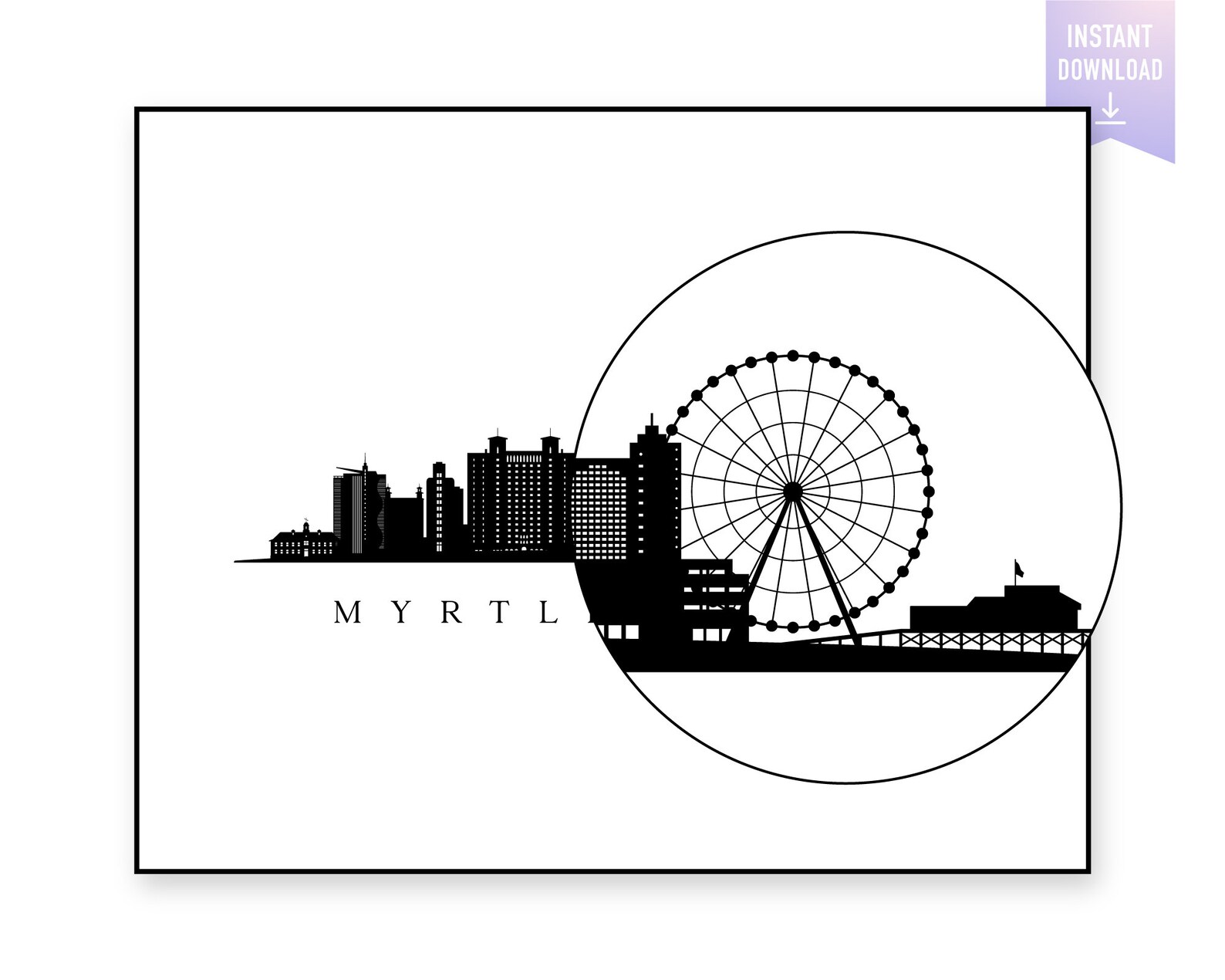Myrtle Beach Skyline Print. Myrtle Beach SC Black Silhouette. Digital ...