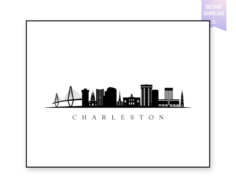Charleston Skyline Print. Charleston SC Black Silhouette. Digital Print ...