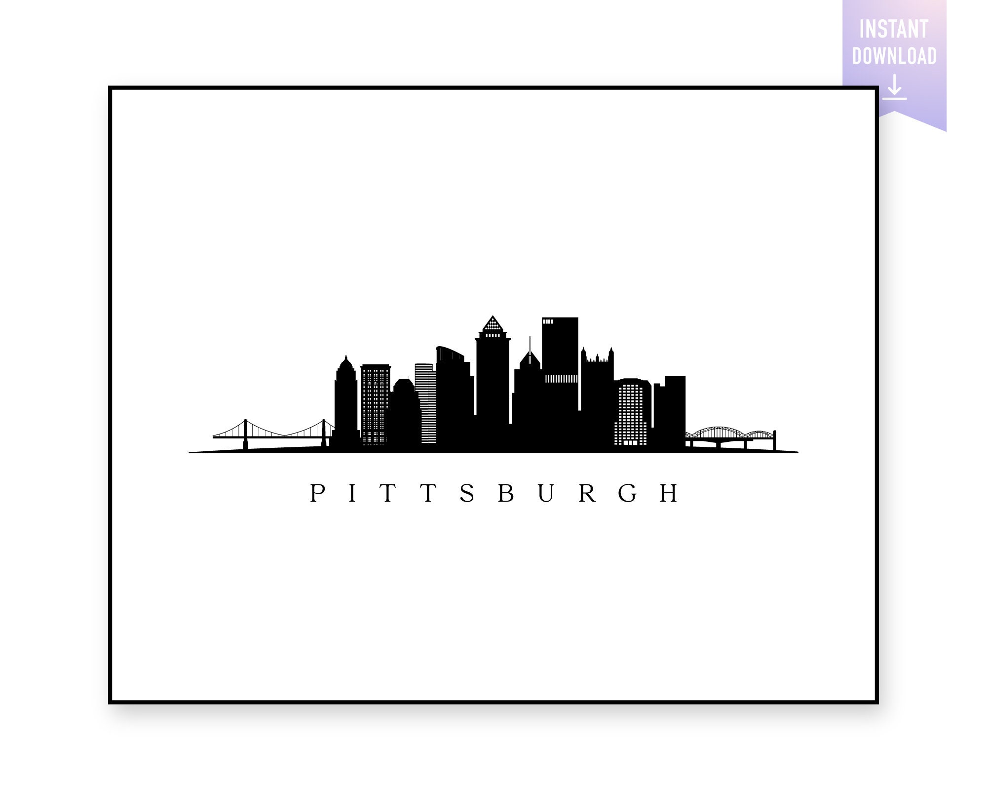 Pittsburgh Skyline Print. Pittsburgh PA Black Silhouette. Digital Print ...