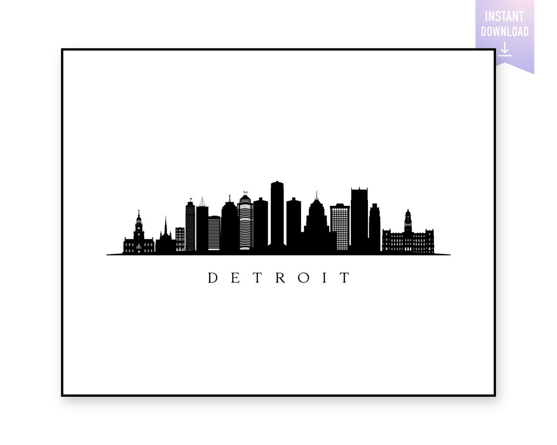 Detroit Skyline Print. Detroit MI Black Silhouette. Digital Print ...