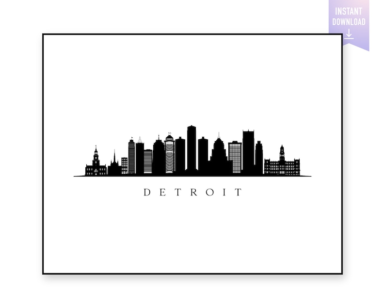 Detroit Skyline Print. Detroit MI Black Silhouette. Digital Print ...