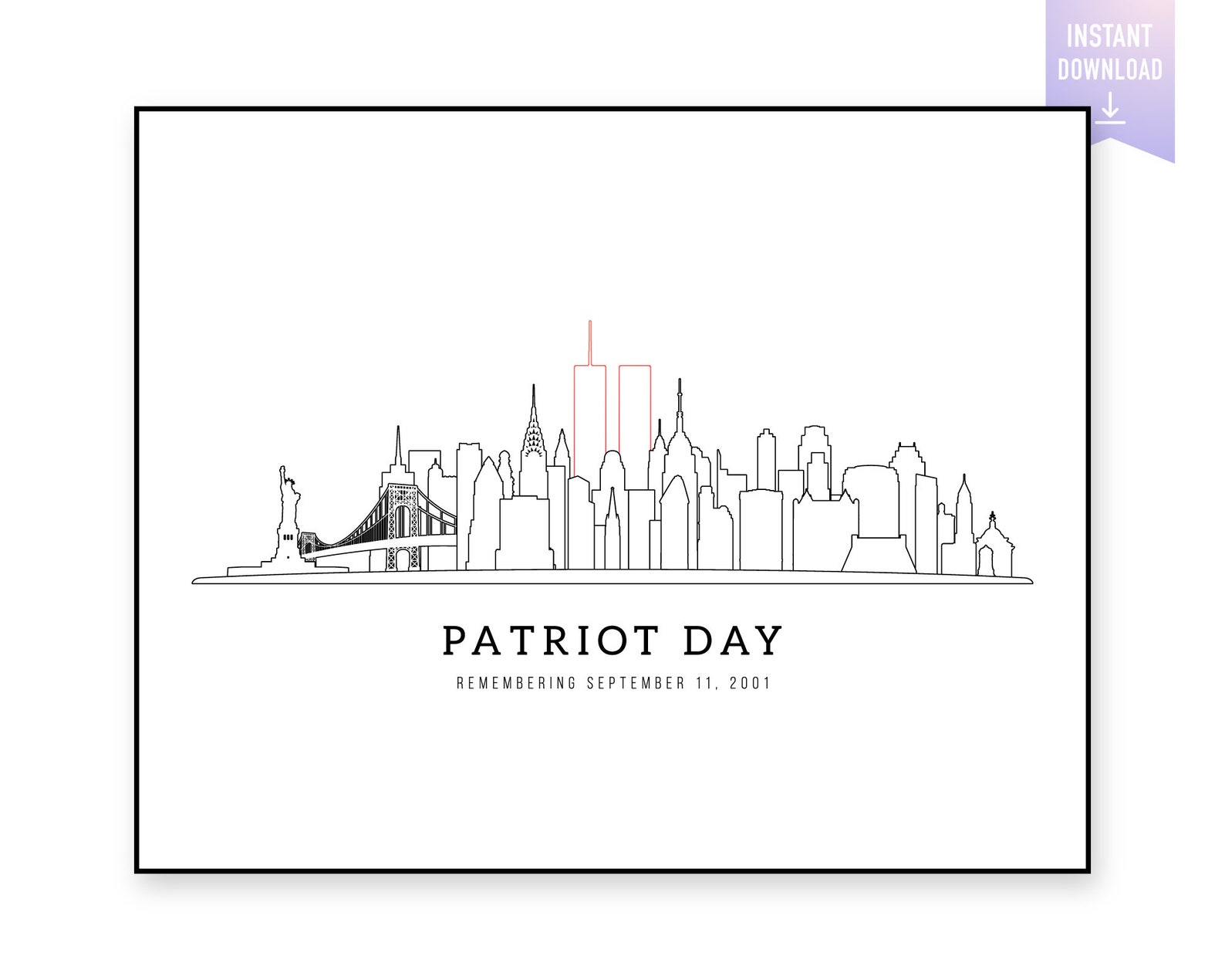 Patriot Day Print. New York Skyline Line Art. Digital Print. NYC ...