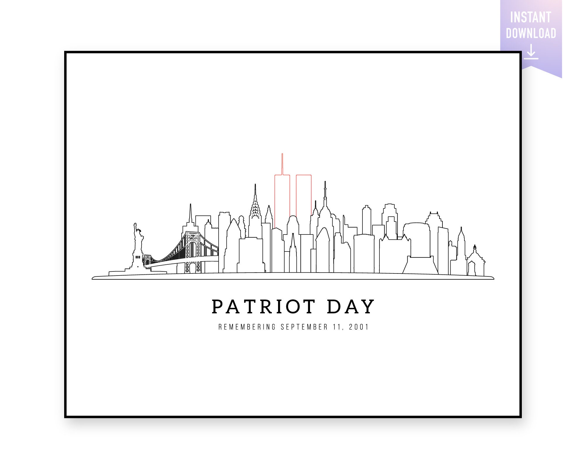 Patriot Day Print. New York Skyline Line Art. Digital Print. NYC ...
