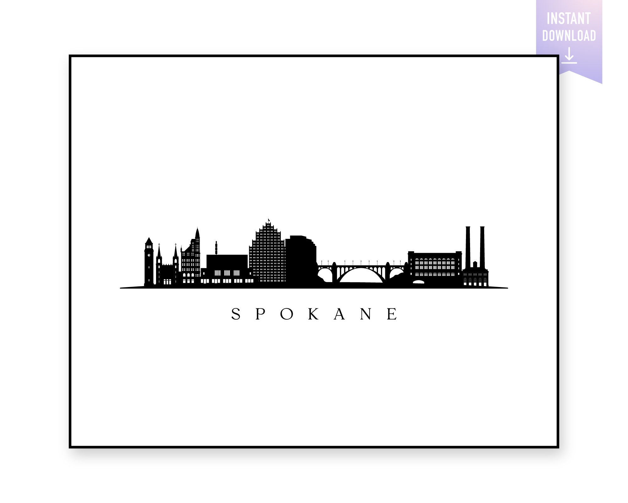 Spokane Skyline Print. Spokane, WA Black Silhouette. Digital Print ...