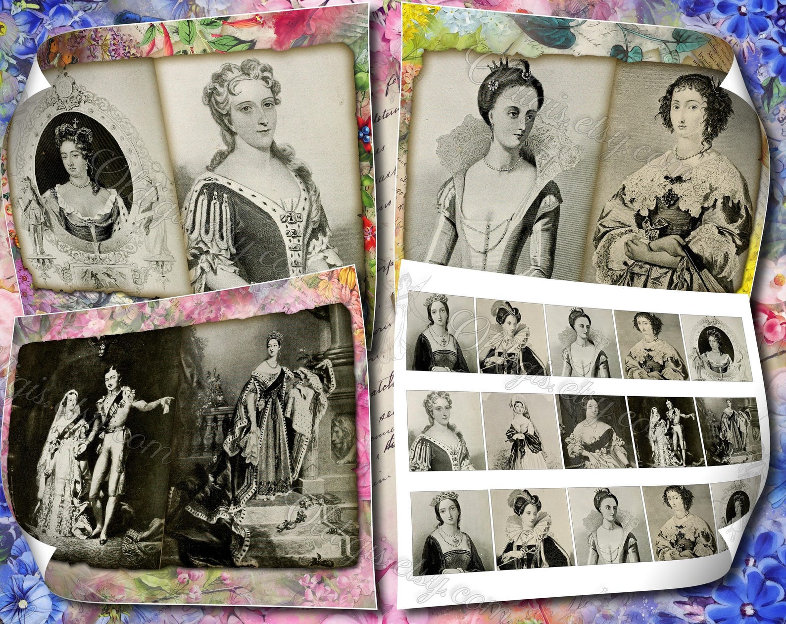 The Queens of England #3 - Set of 8 Old Illustrations With Digital ...